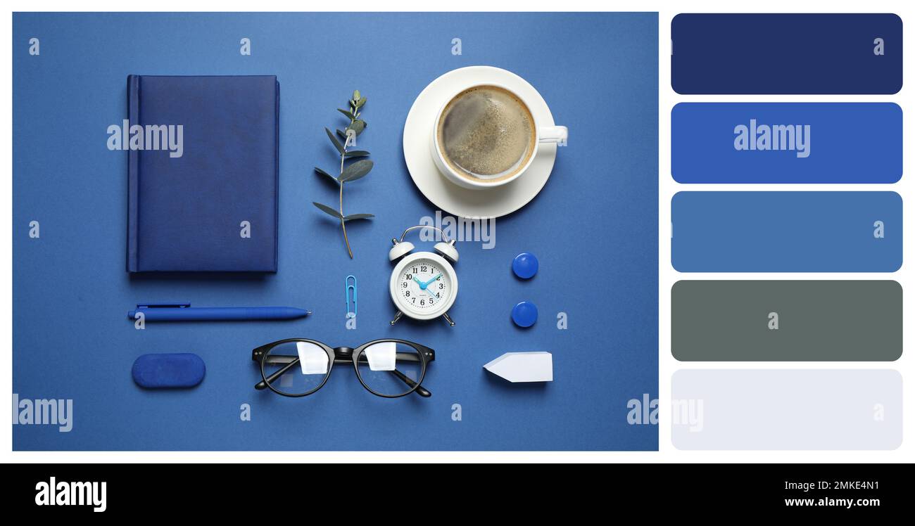Flat lay composition inspired by color of the year 2020 (Classic blue ...