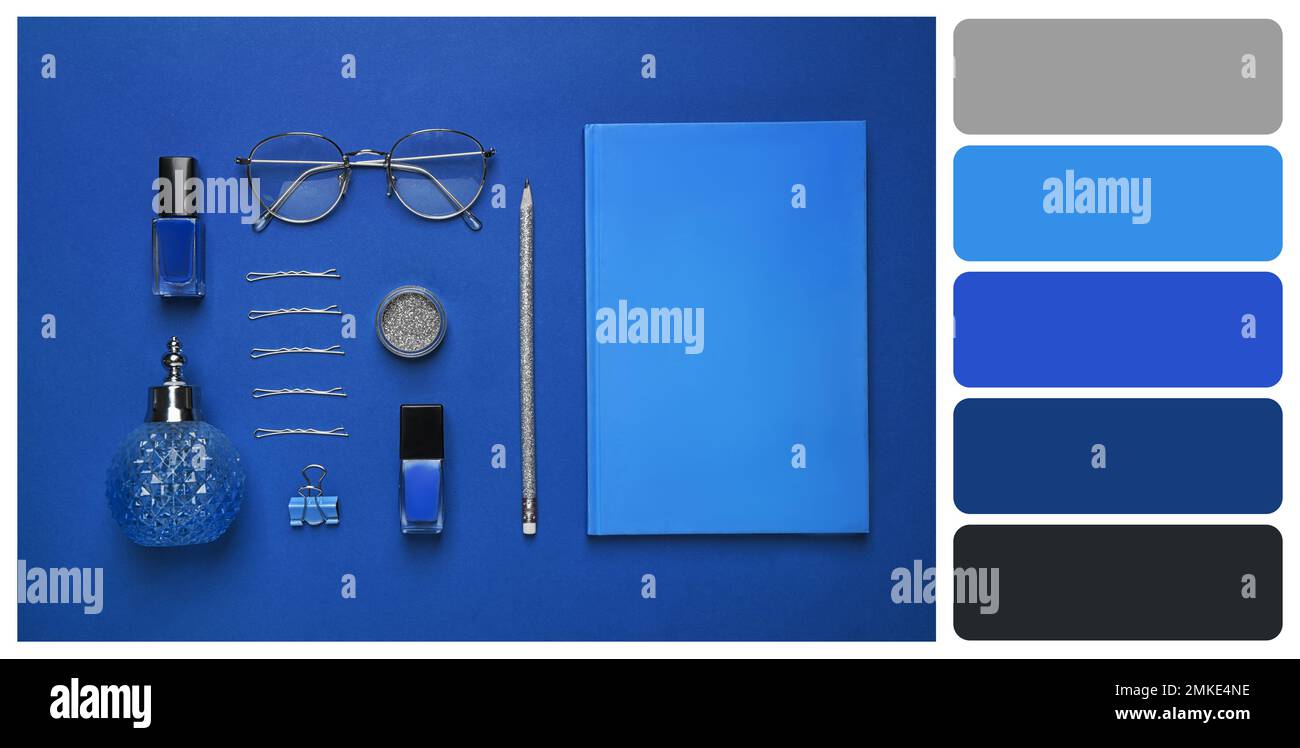 Flat lay composition inspired by color of the year 2020 (Classic blue ...
