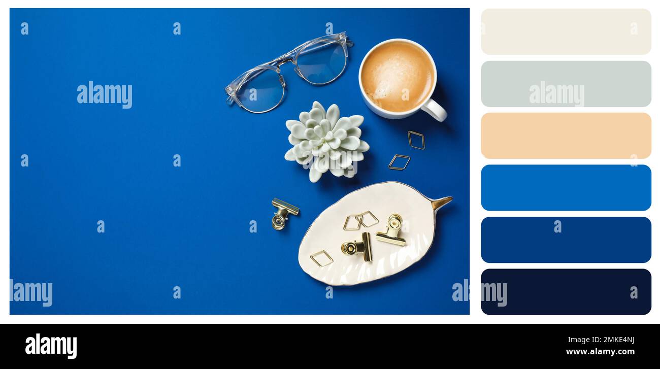 Flat lay composition inspired by color of the year 2020 (Classic blue ...