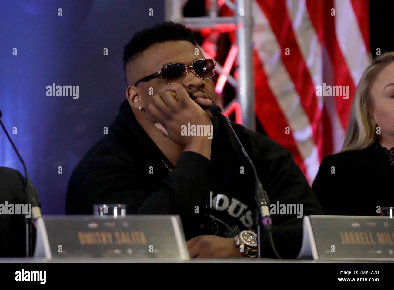 U.S. heavyweight boxer Jarrell Miller reacts as British heavyweight ...