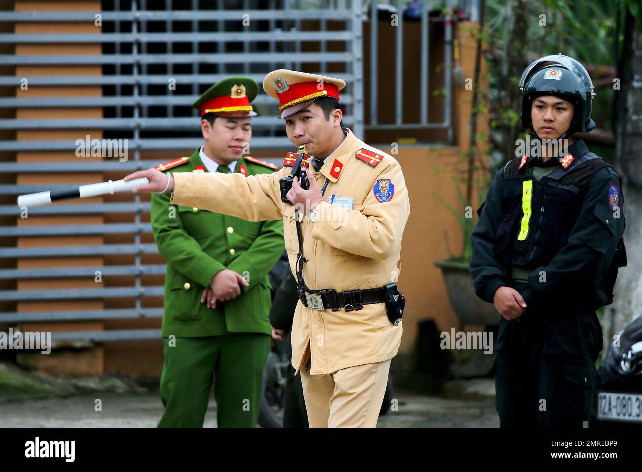 Vietnamese security stand guard near Dong Dang train station where ...