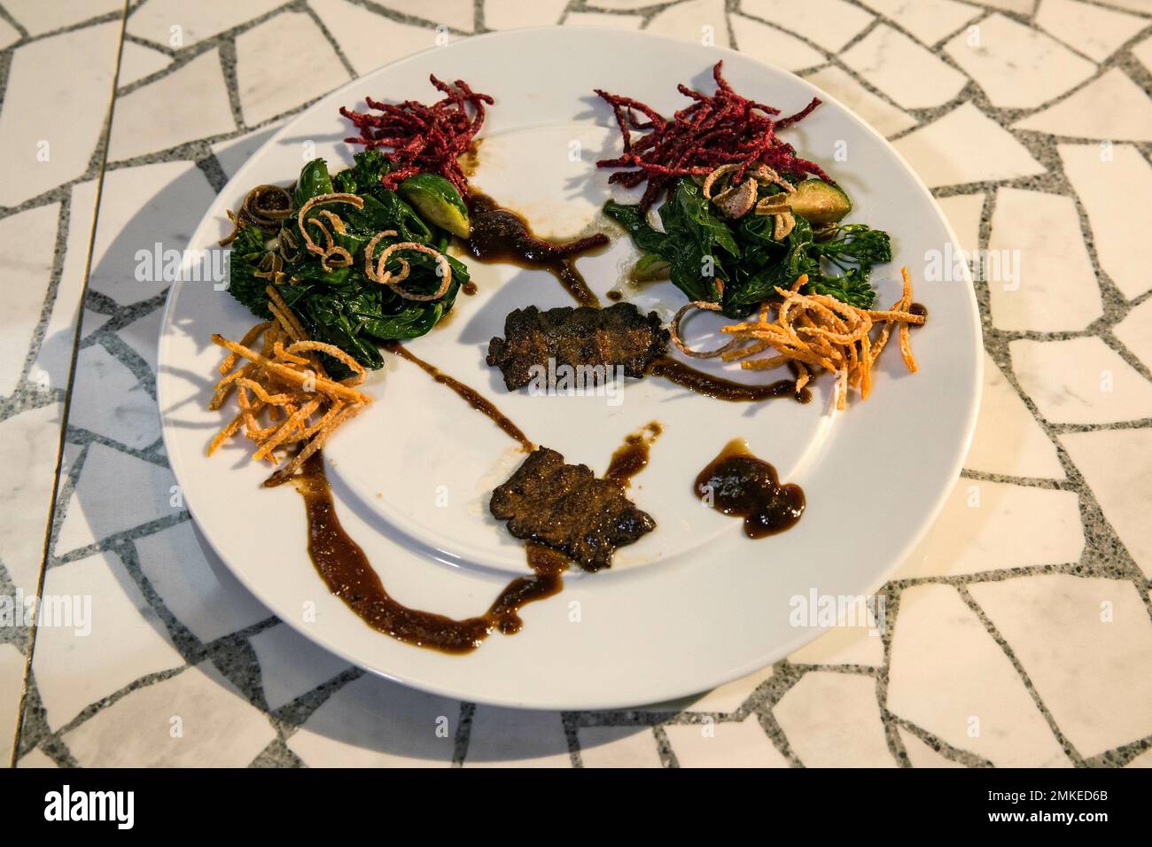 This Wednesday, Jan. 16, 2019 photo, shows a lab-grown steak during a ...