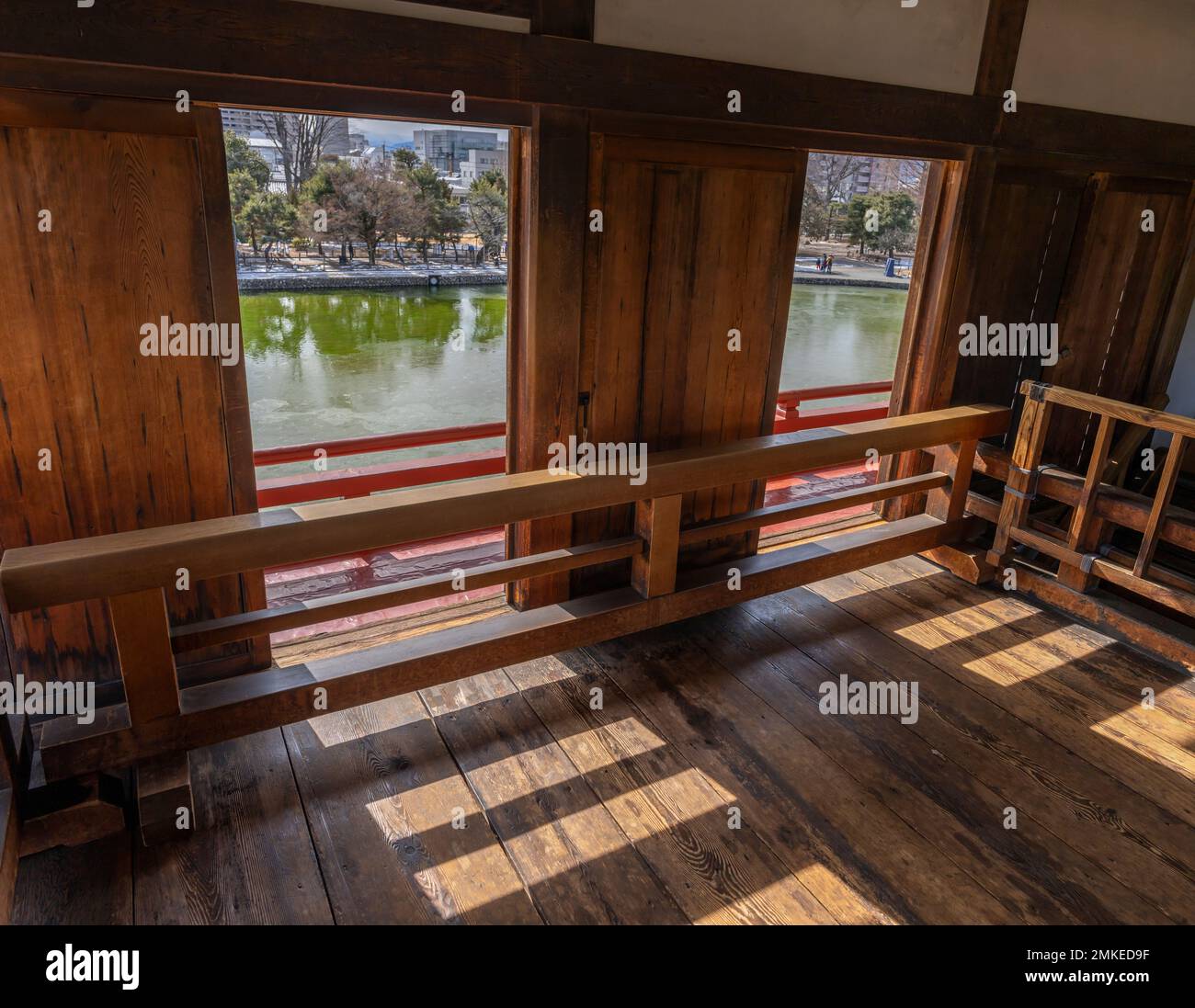 A view out the windows of the moon viewing room in Matsumoto Castle in ...