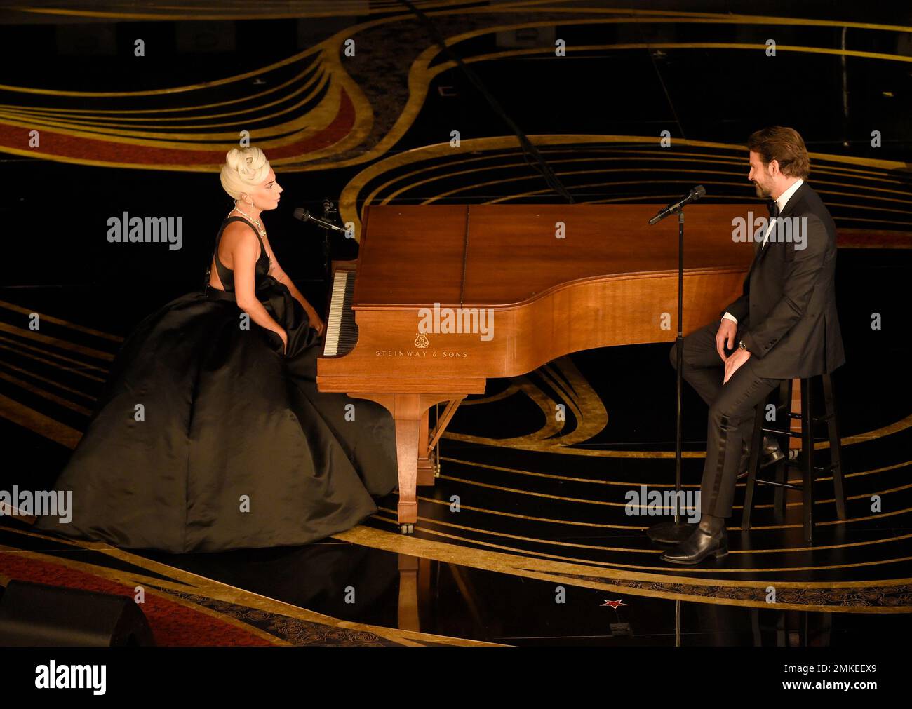 Lady Gaga, left, and Bradley Cooper perform "Shallow" from 'A Star is ...