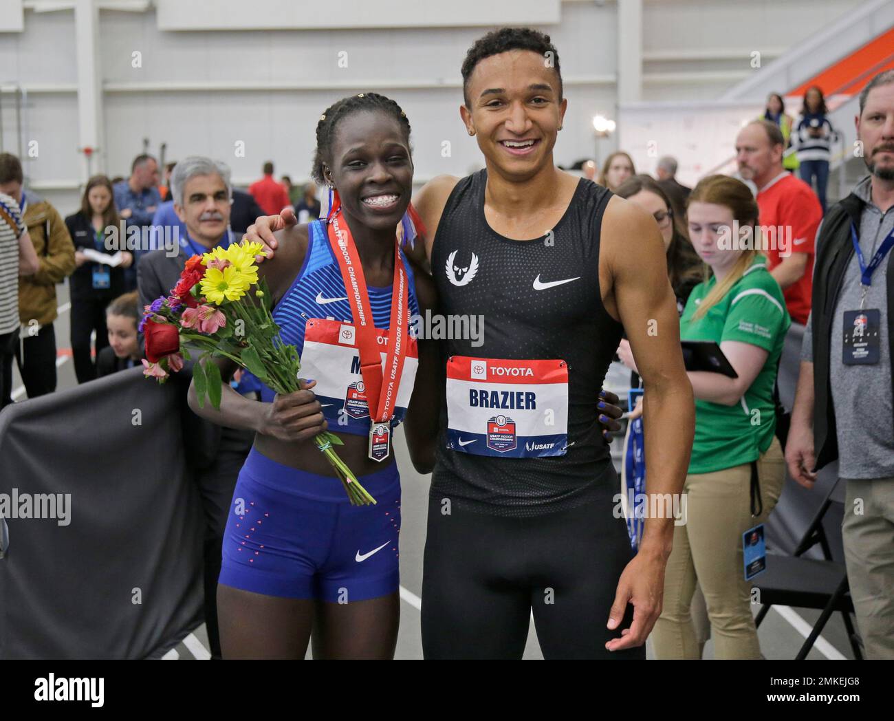 Donavan Brazier, right, and Athing Mu pose for a picture after their ...
