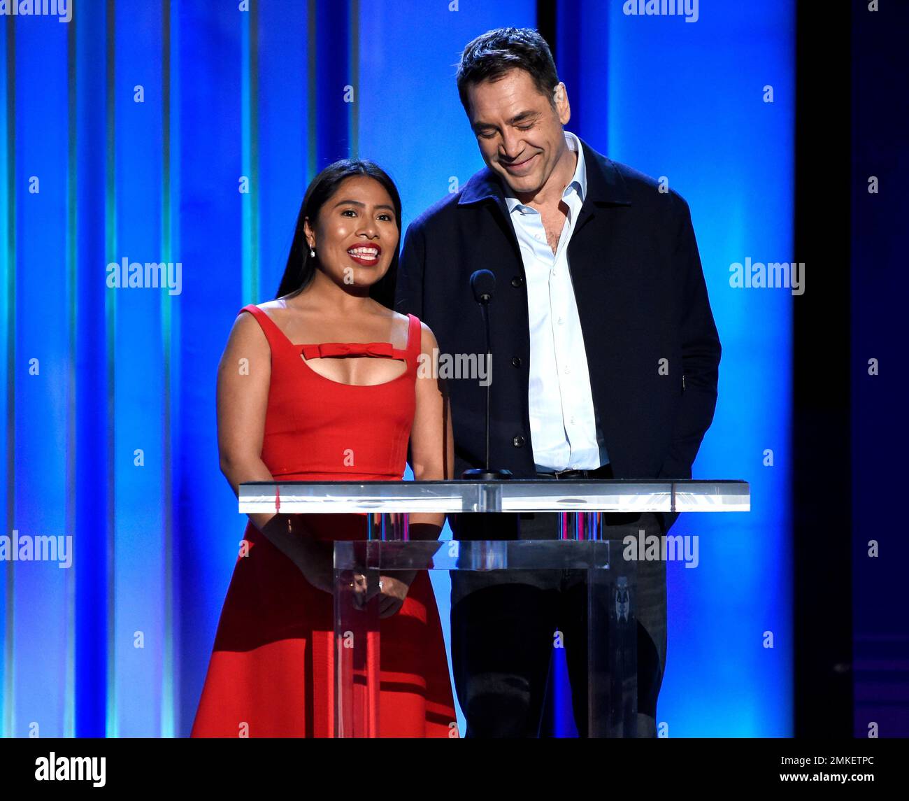 Yalitza Aparicio, left, and Javier Bardem present the award for best ...