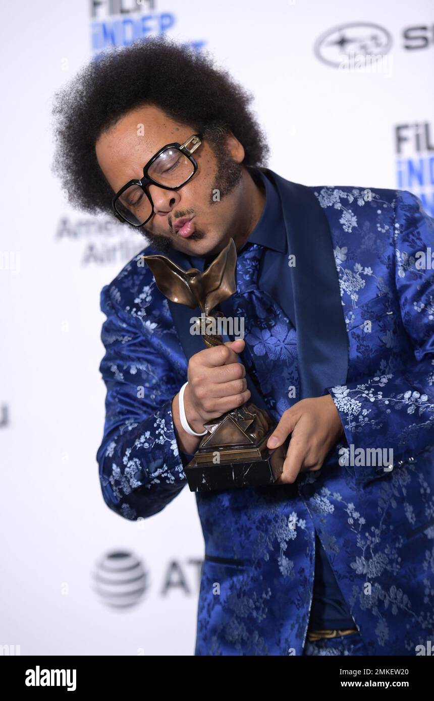Boots Riley poses in the press room with the award for best first ...