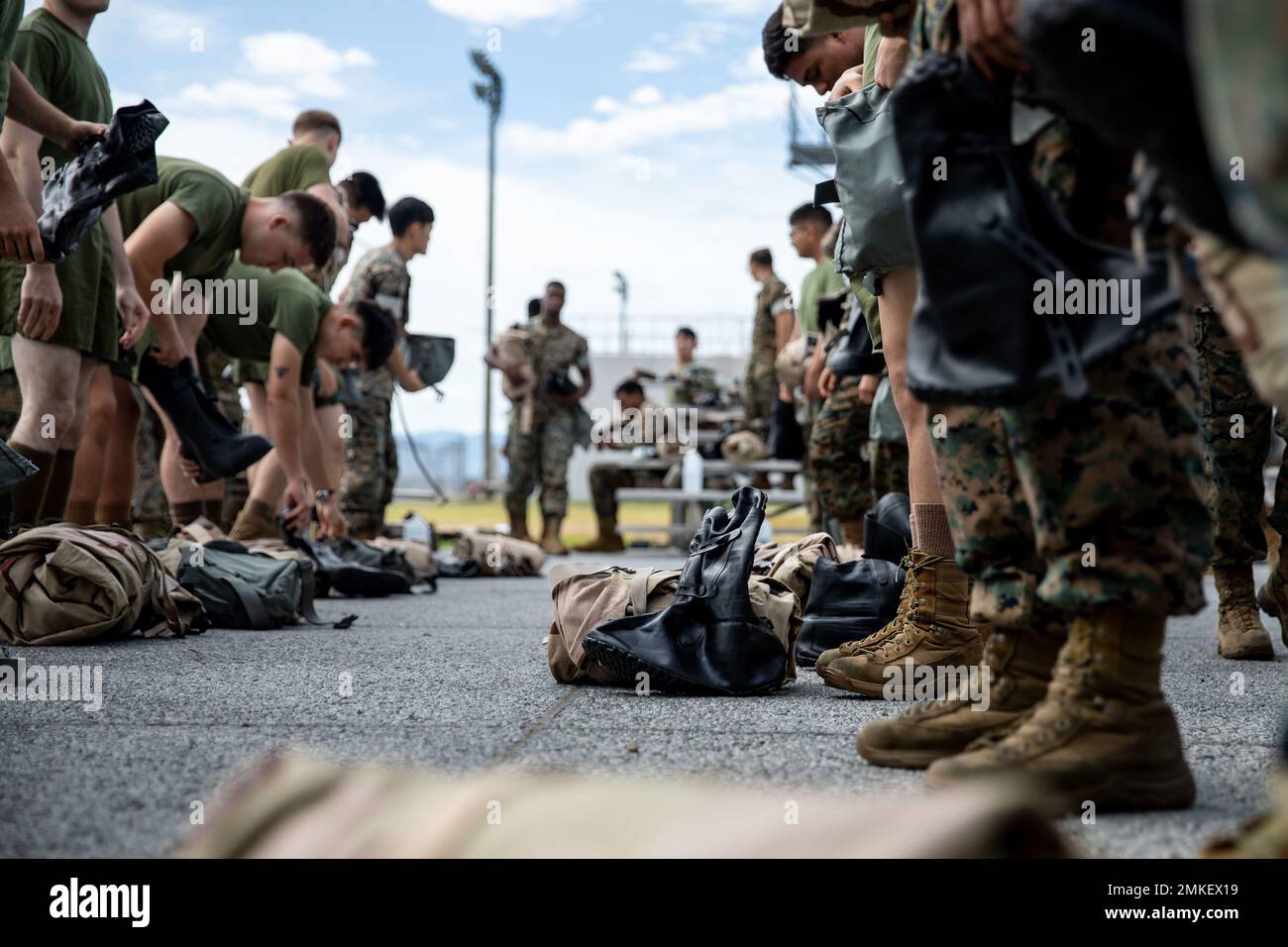 U.S. Marines with Marine Aviation Logistics Squadron 12 line up with ...