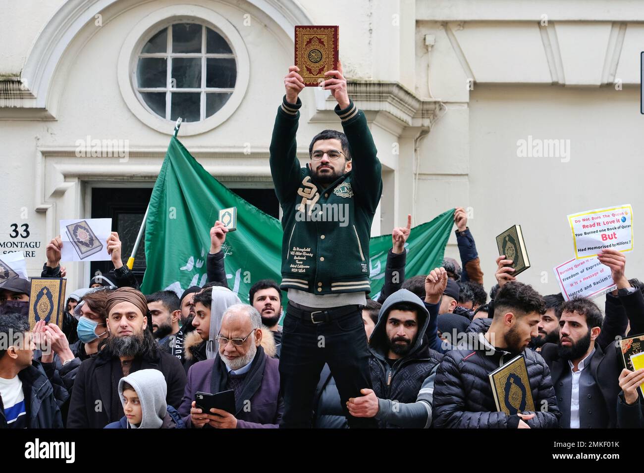 London, UK. 28th January 2023. Muslim protesters gathered to denounce ...