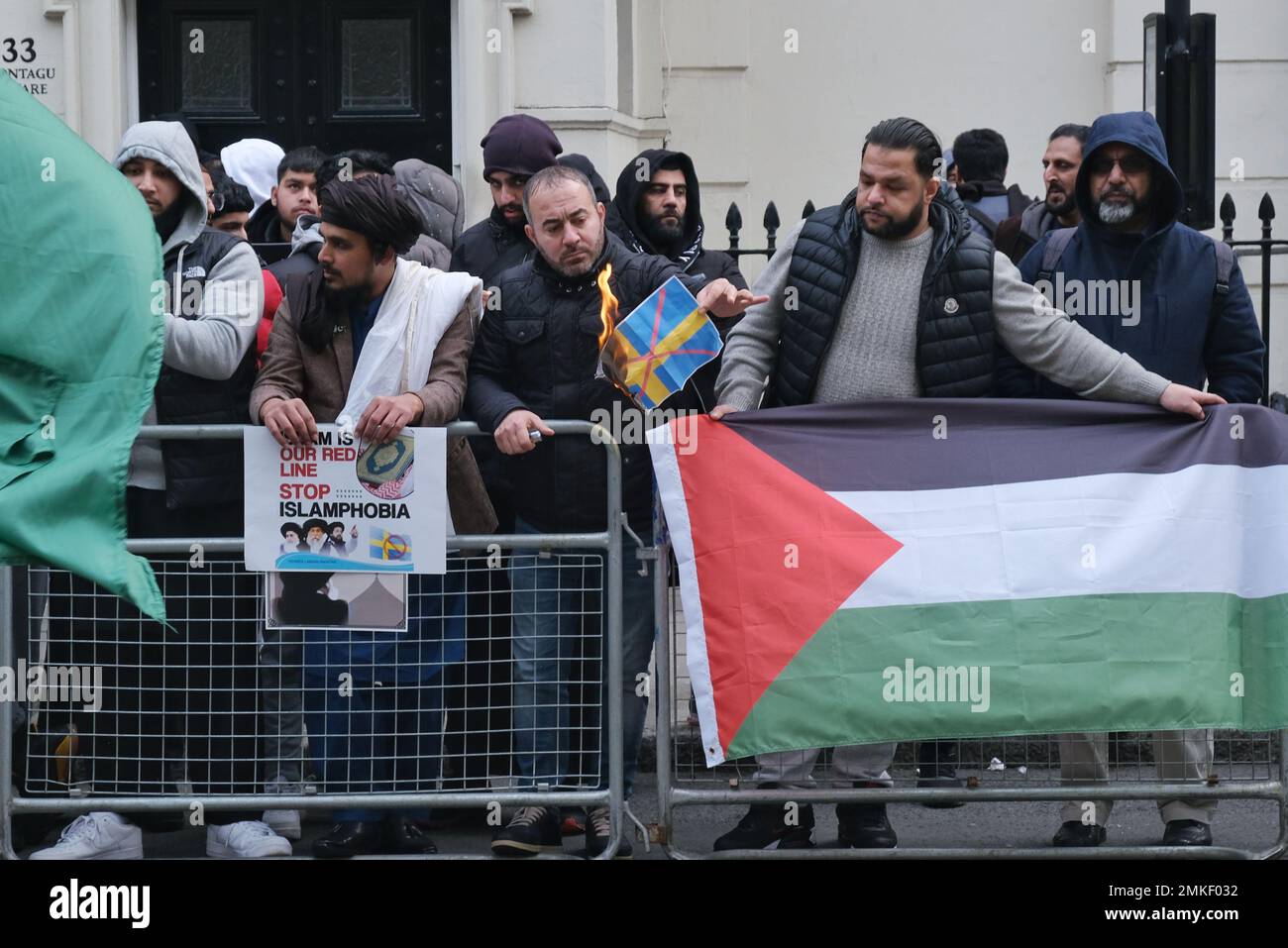 London, UK. 28th January 2023. Muslim protesters gathered to denounce ...