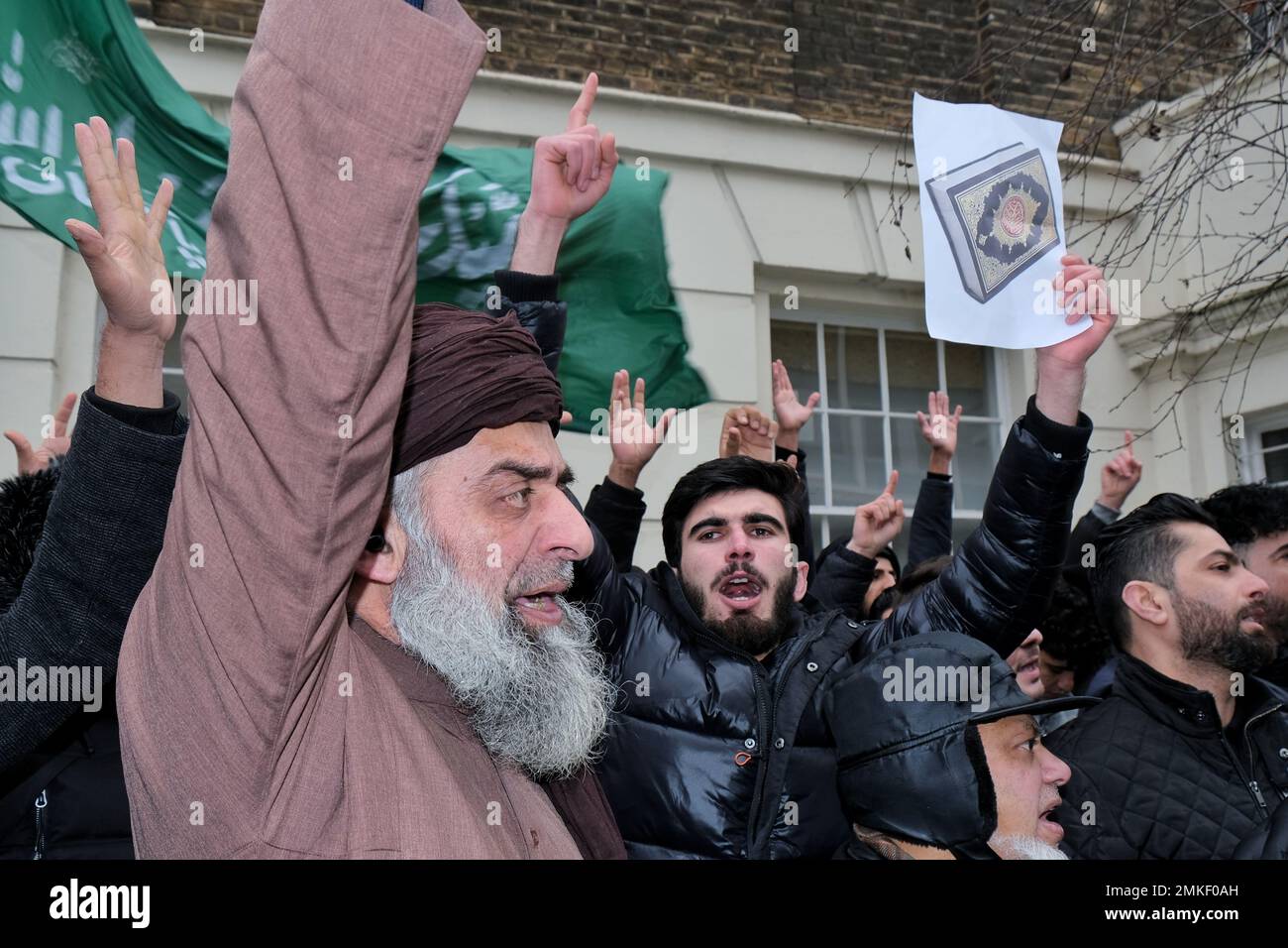 London, UK. 28th January 2023. Muslim protesters gathered to denounce ...