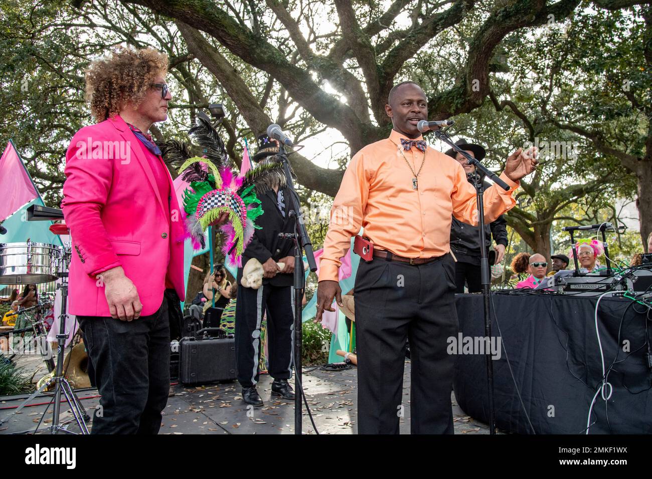 Ben Jaffe of Preservation Hall Jazz Band, from left, DJ Jubilee, and ...