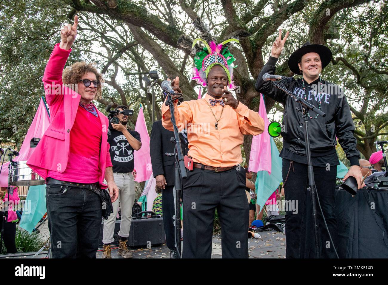 Ben Jaffe of Preservation Hall Jazz Band, from left, DJ Jubilee, and ...