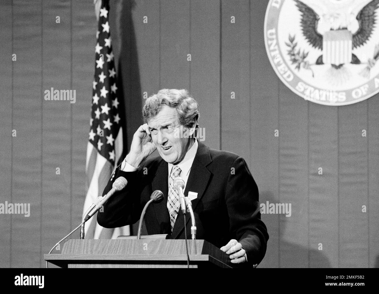 Secretary of State Edmund Muskie listens to a reporter's question at a ...