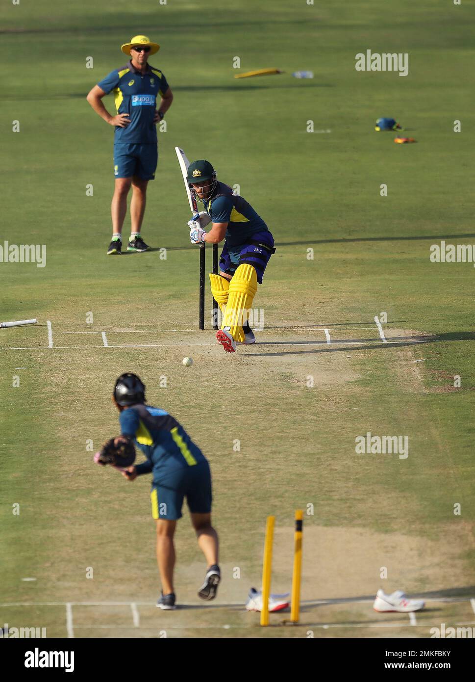 Australia's captain Aaron Finch bats during a practice session at the ...