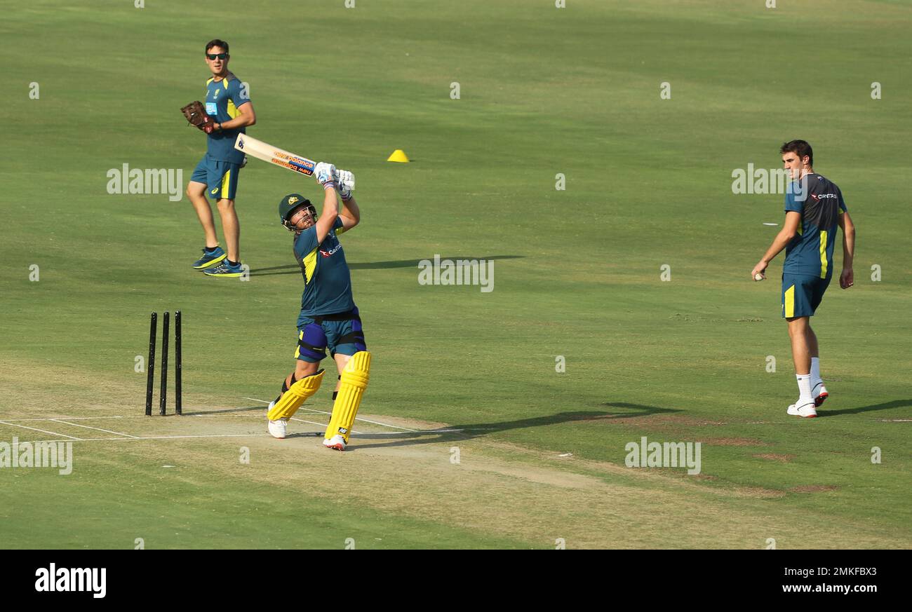 Australia's captain Aaron Finch bats during a practice session at the ...