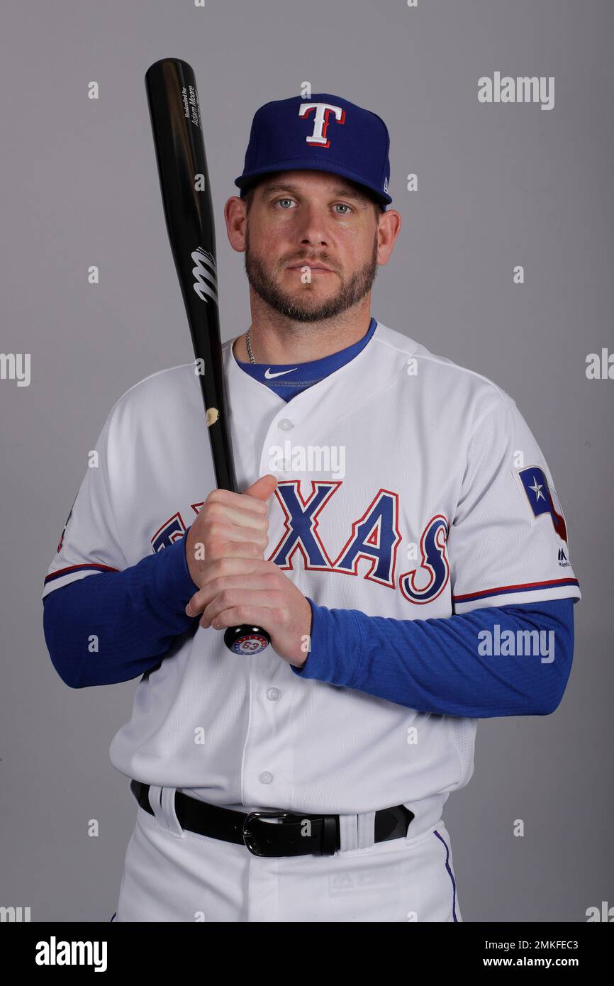 This is a 2019 photo of Adam Moore of the Texas Rangers baseball team ...