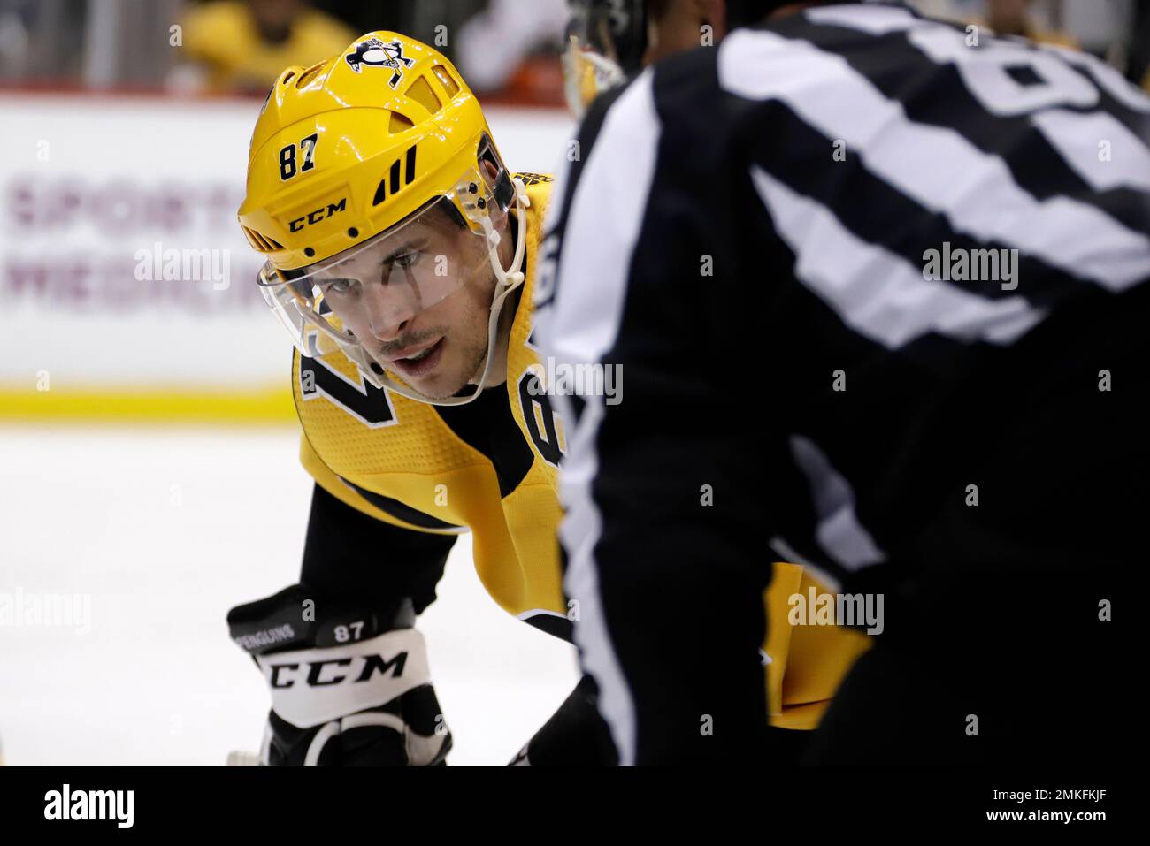 Pittsburgh Penguins' Sidney Crosby prepares to take a face off during an NHL hockey game against ...