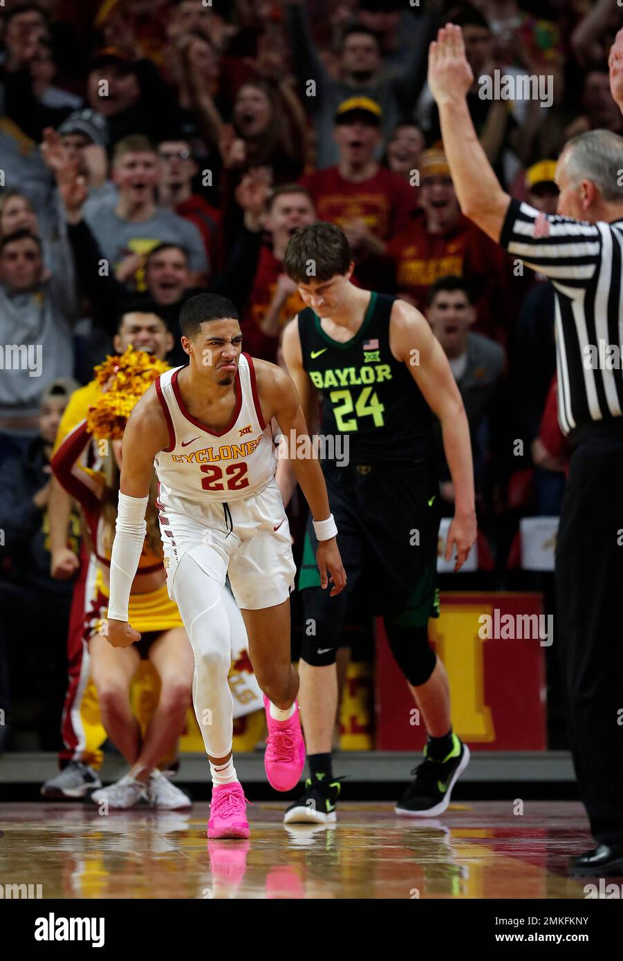 Iowa State guard Tyrese Haliburton reacts after making a three point ...