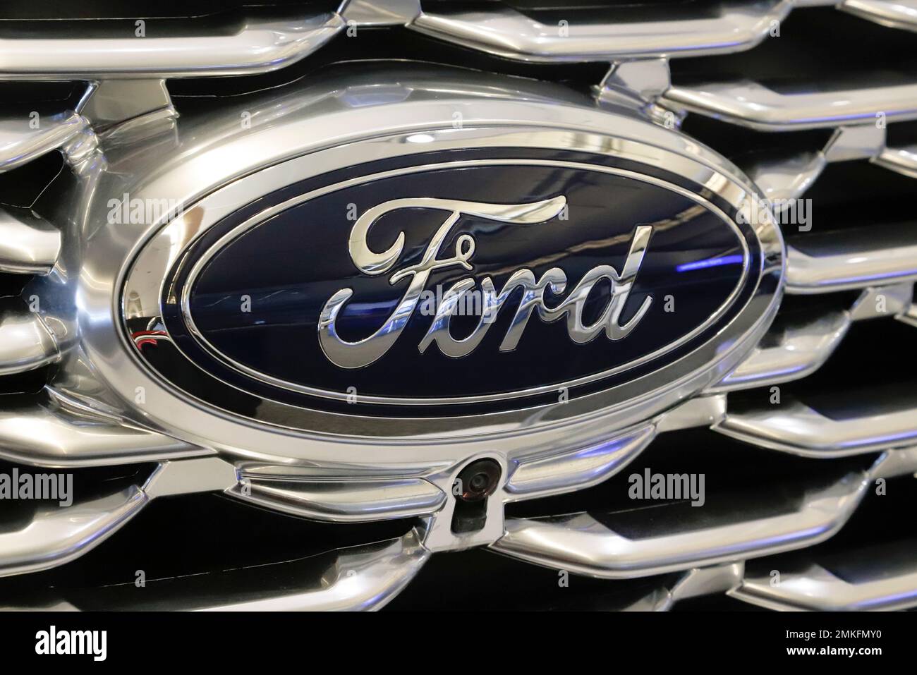 This is the Ford logo on the front grill of a 2019 Ford Explorer on ...