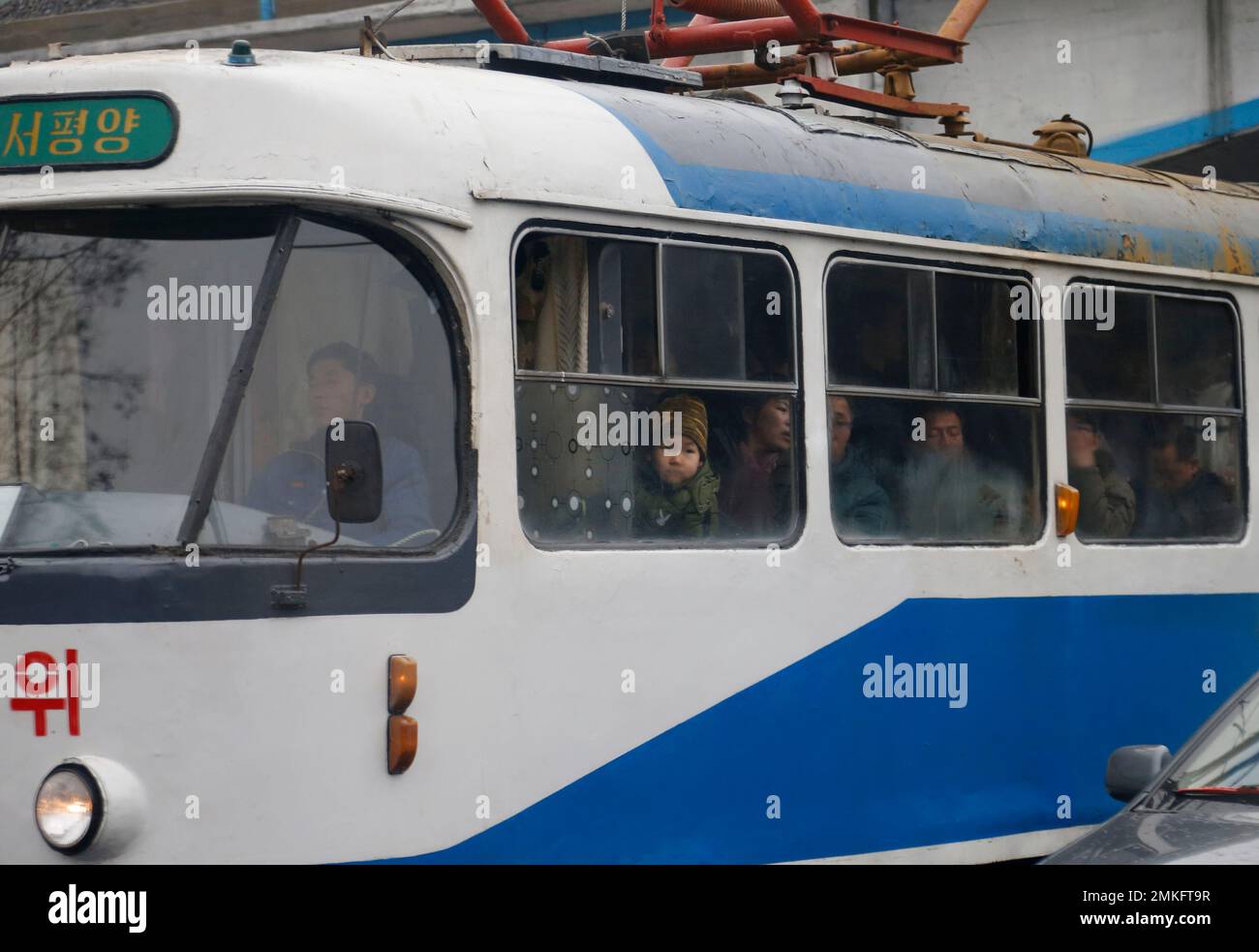 In this Sunday, Feb. 3, 2019 photo, people ride on a tram in Pyongyang ...