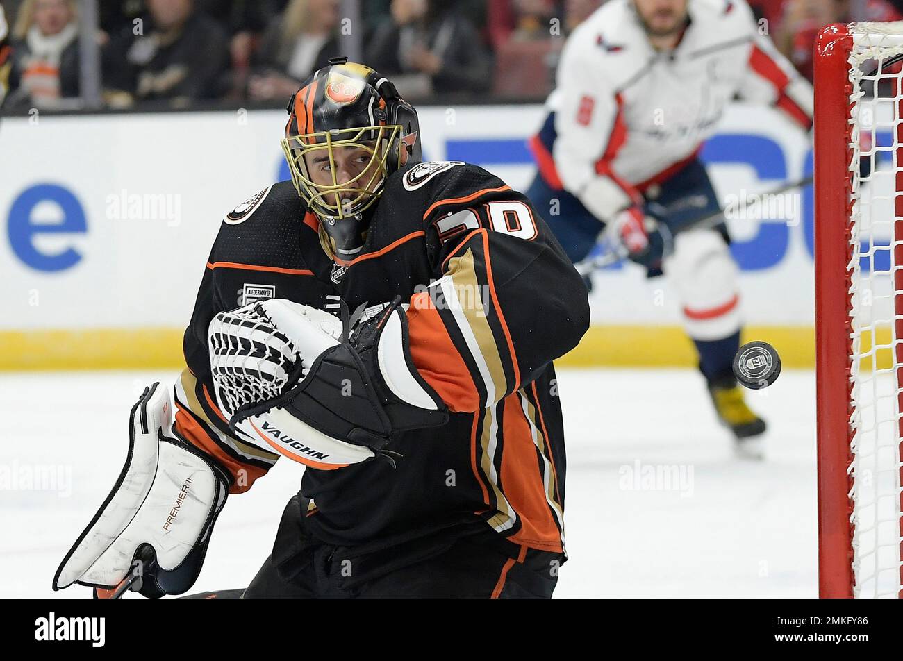 Anaheim Ducks goaltender Ryan Miller deflects a shot during the third ...