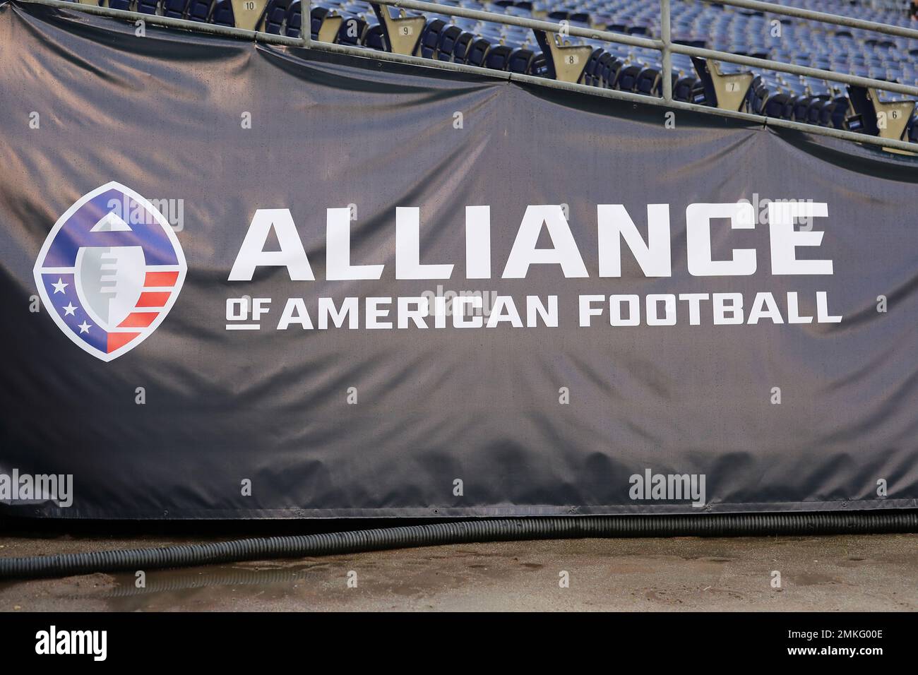 An AAF banner hangs at field level before of an AAF football game ...