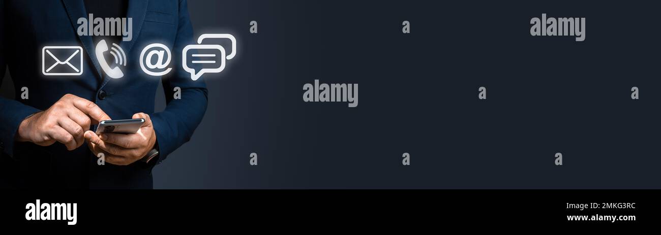 Businessman hand holding smart phone with icon mobile phone, mail ...