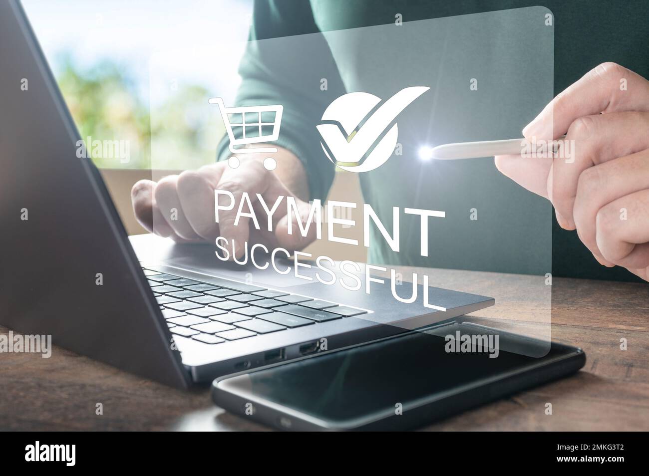 Online payment. Men hands using laptop computer for online shopping ...