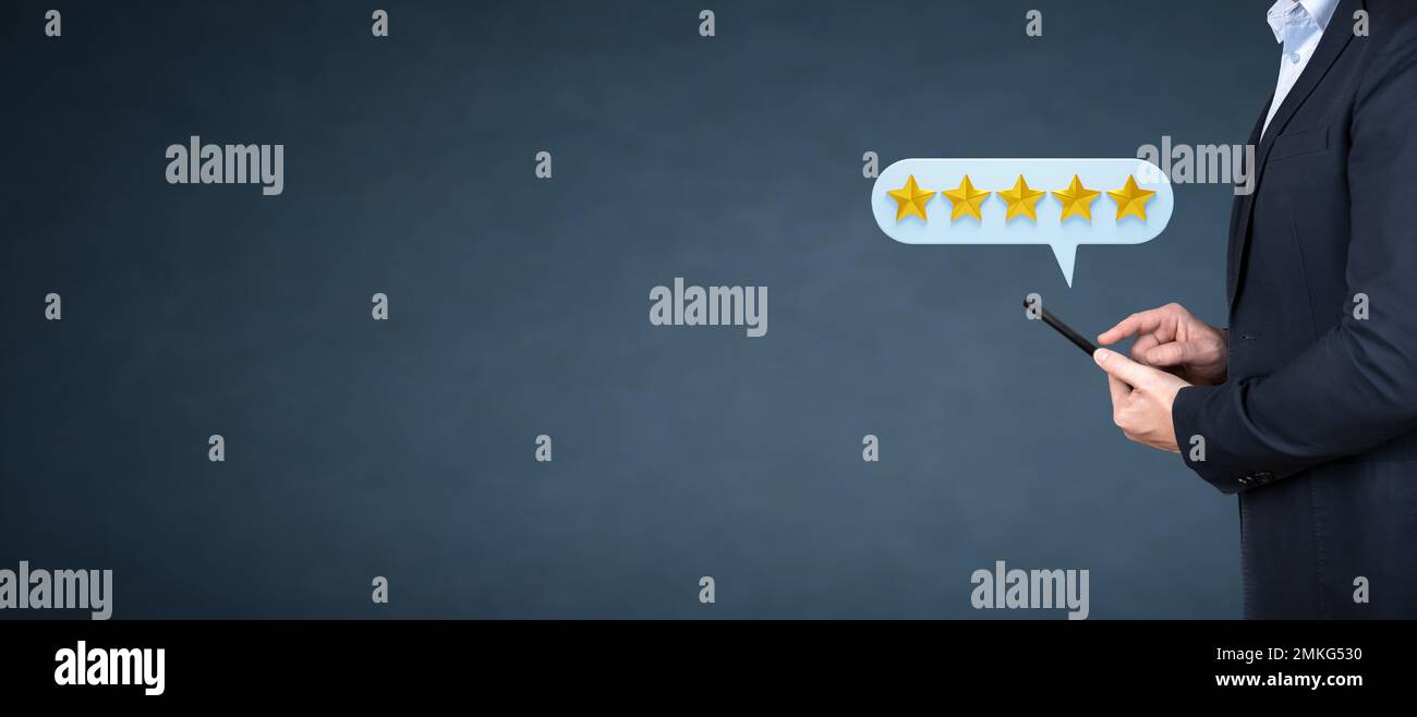5 star rating. Businessman customer giving five star rating on ...