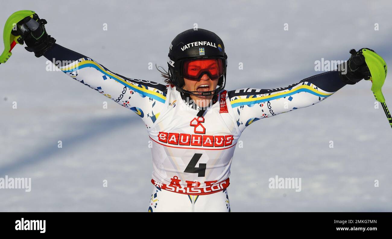 Sweden's Anna Swenn Larsson celebrates as she gets to the finish area ...