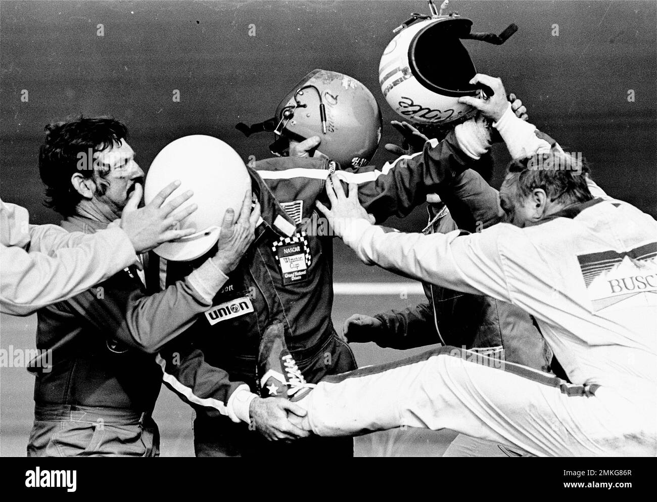 FILE - In this Feb. 18, 1979, file photo, Cale Yarborough, right, kicks ...