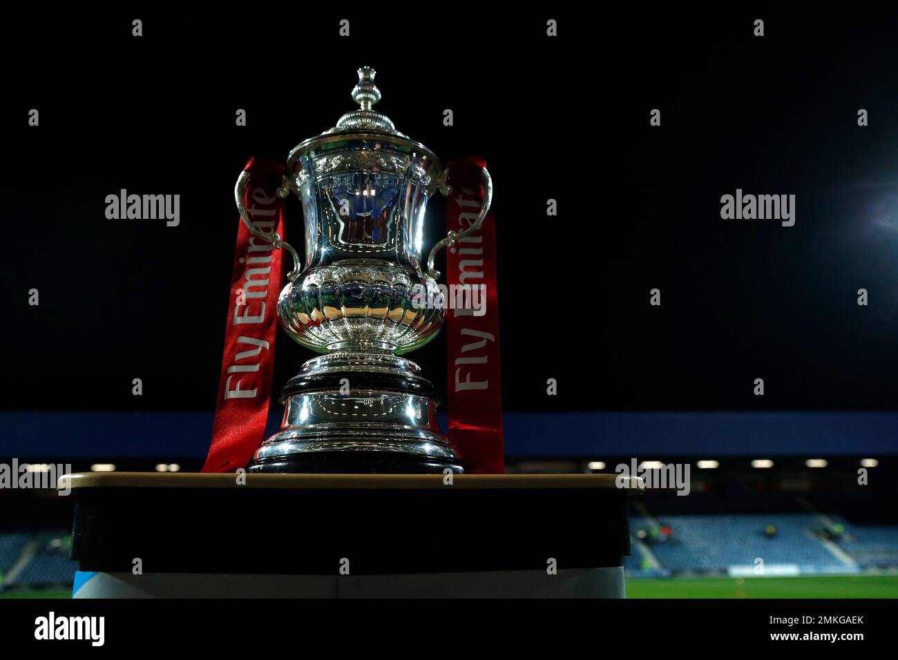 The English FA Cup trophy is placed on the pitch before the 5th round ...
