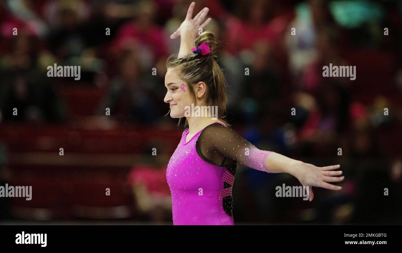 Pittsburgh's Kiley Robatin performs on the beam during an NCAA ...