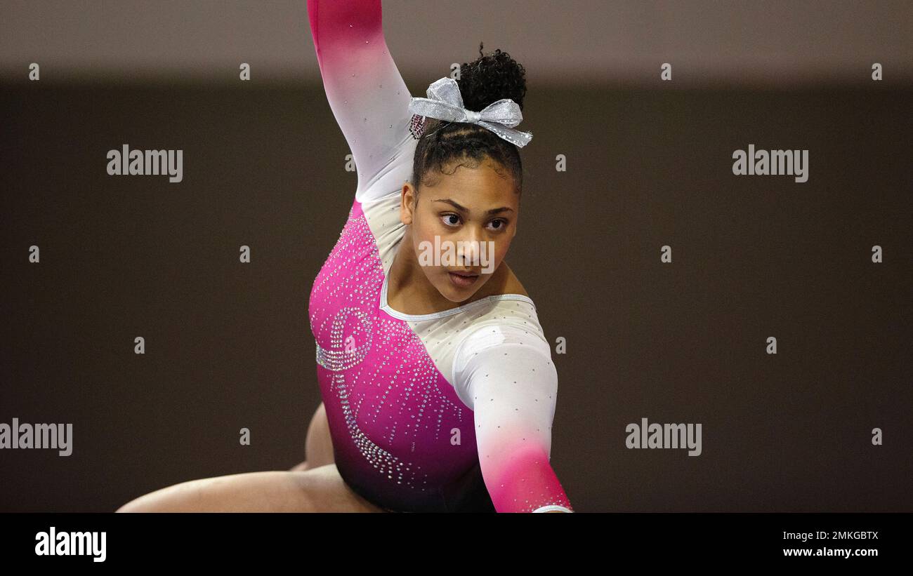 North Carolina State's Alliah Harrison performs a routine on the beam ...