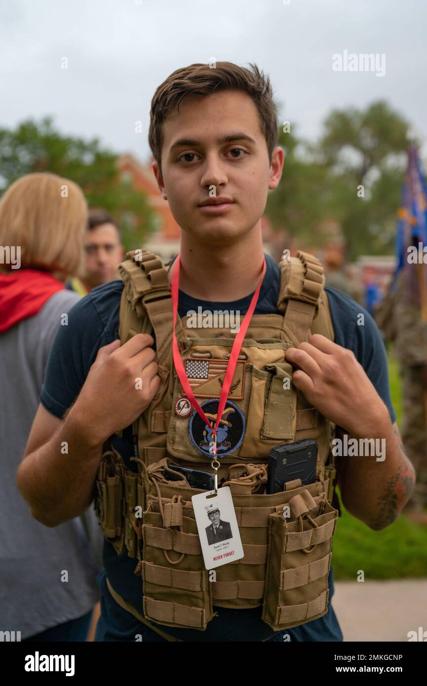Airman 1st Class Landon Gunsauls, prepares for a 5k ruck in remembrance ...