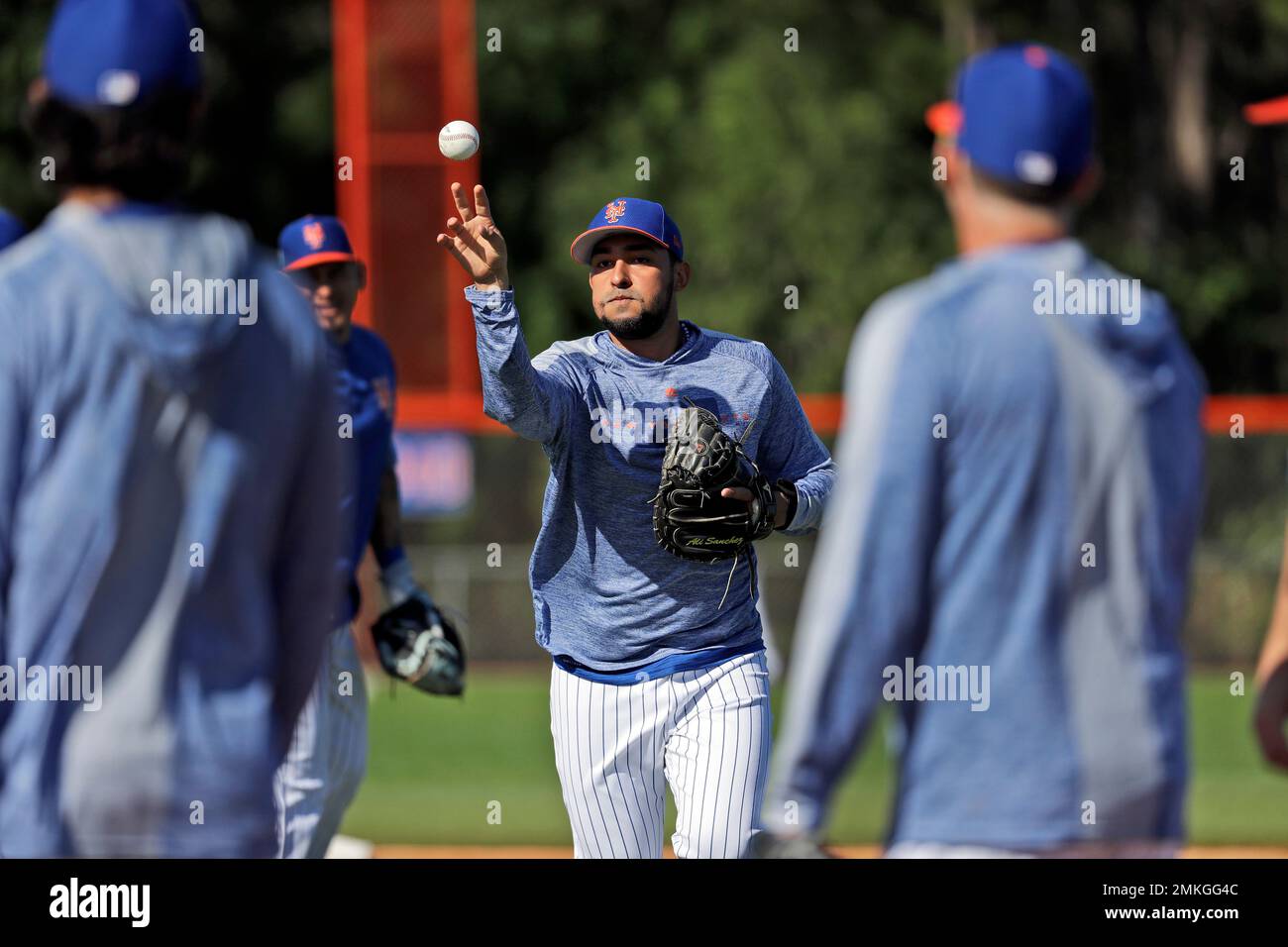 New York Mets catcher Ali Sanchez takes part in a drill during spring ...