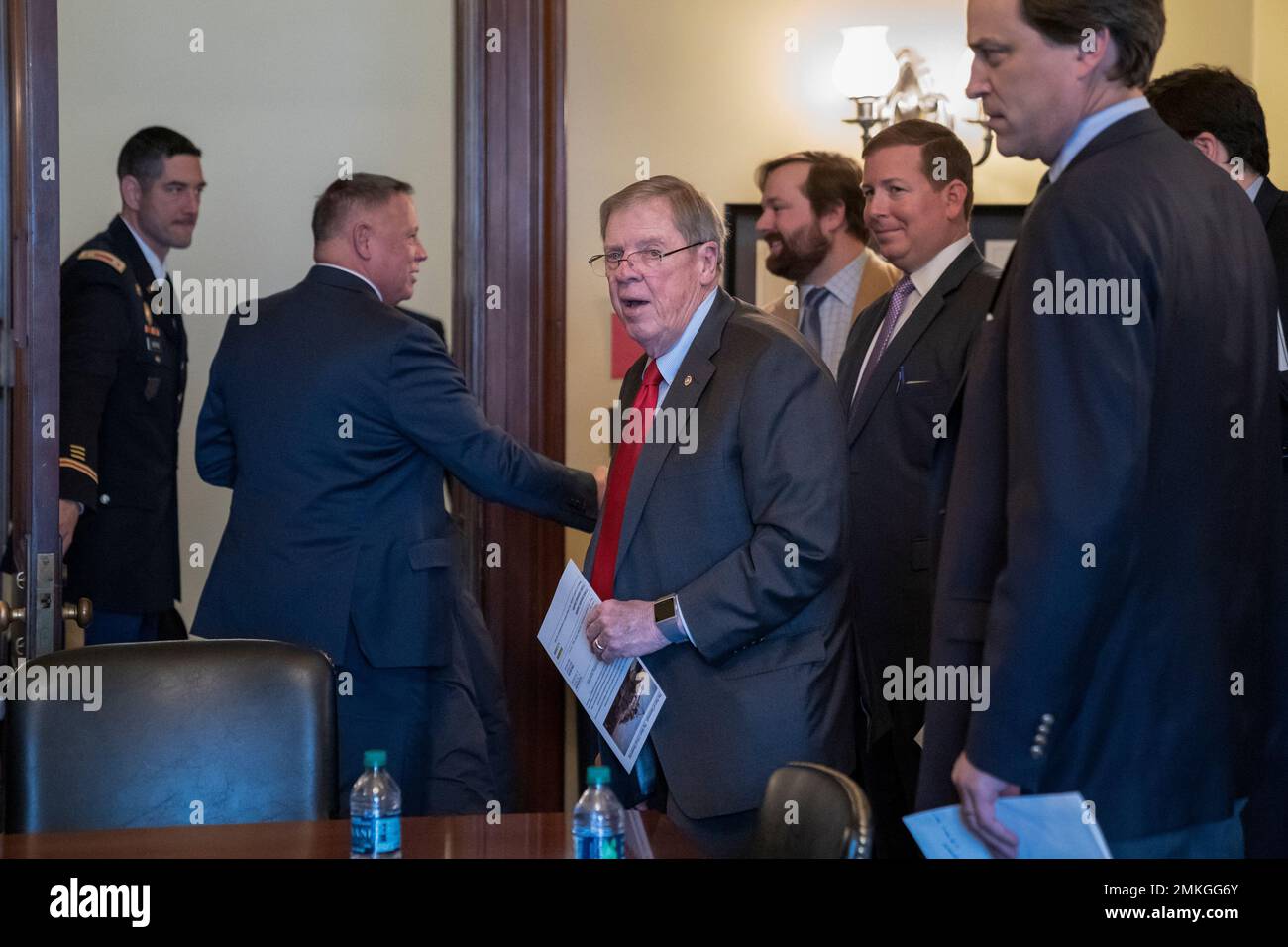 Sen. Johnny Isakson, R-Ga., finishes a meeting with the Georgia Ports ...