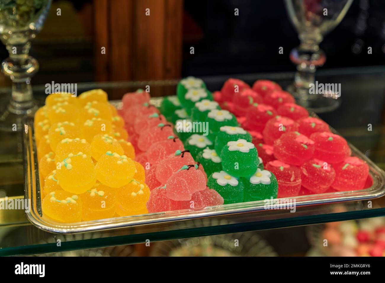Colorful Italian fruit jellies, marmalade candy on display for sale at ...