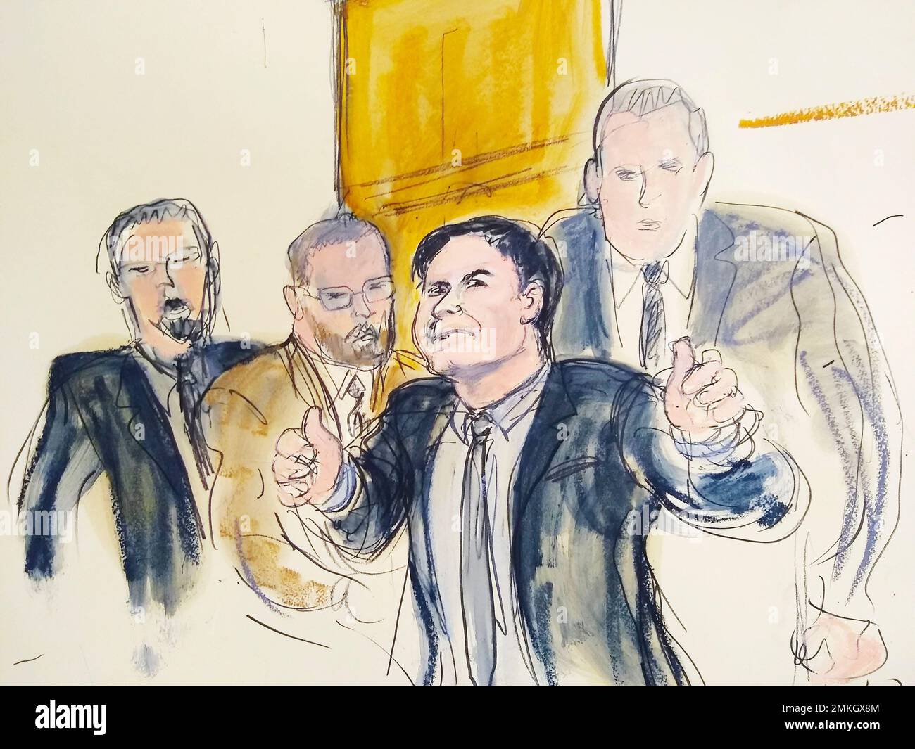 In this courtroom drawing, Joaquin "El Chapo" Guzman, second from right ...