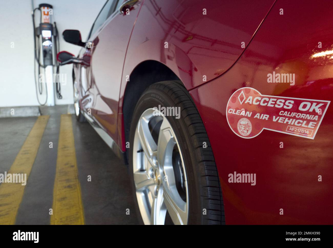This Wednesday, Oct. 17, 2018 photo shows a clean air vehicle decal on ...