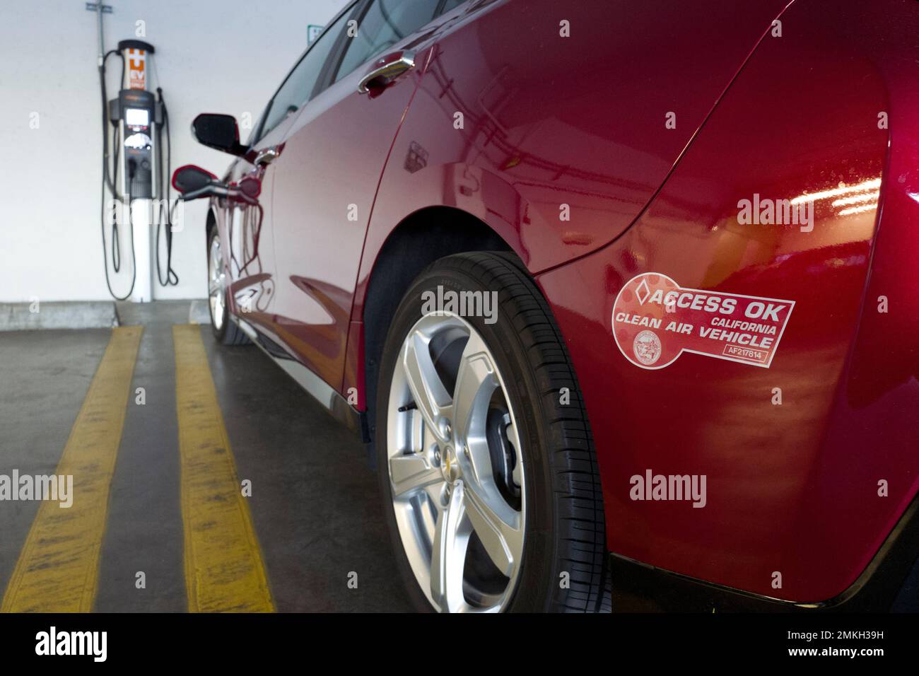 This Wednesday, Oct. 17, 2018 photo shows a clean air vehicle decal on ...