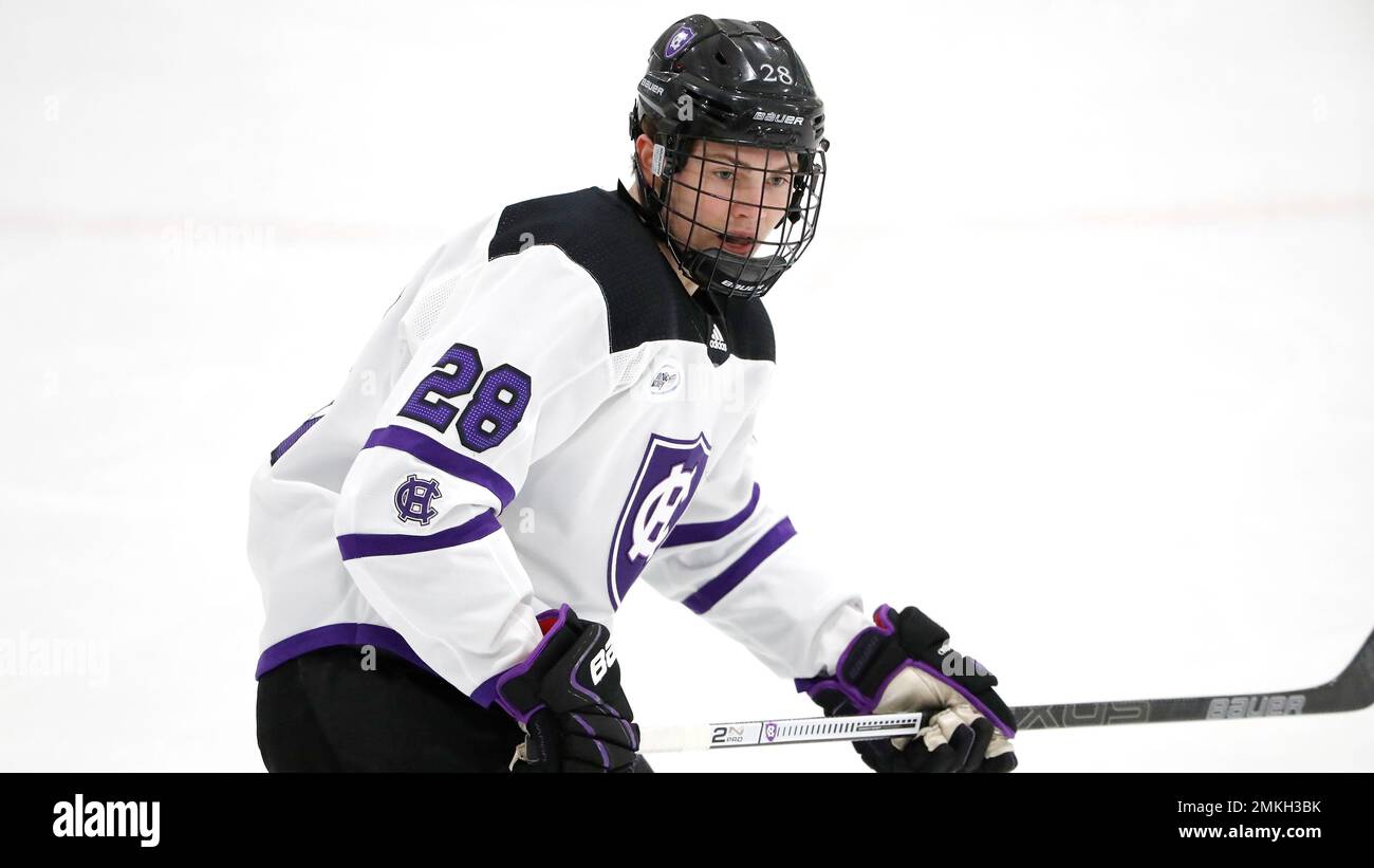 Holy Cross's Logan Milliken during an NCAA hockey game against the RIT ...