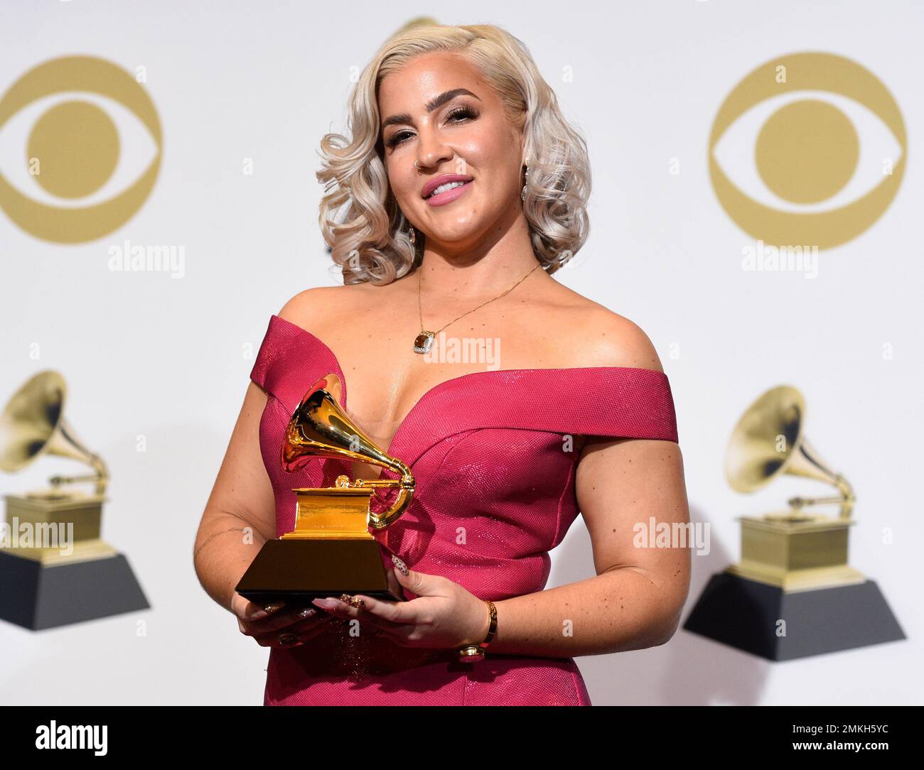 Joelle James poses in the press room with the award for best R&B song ...