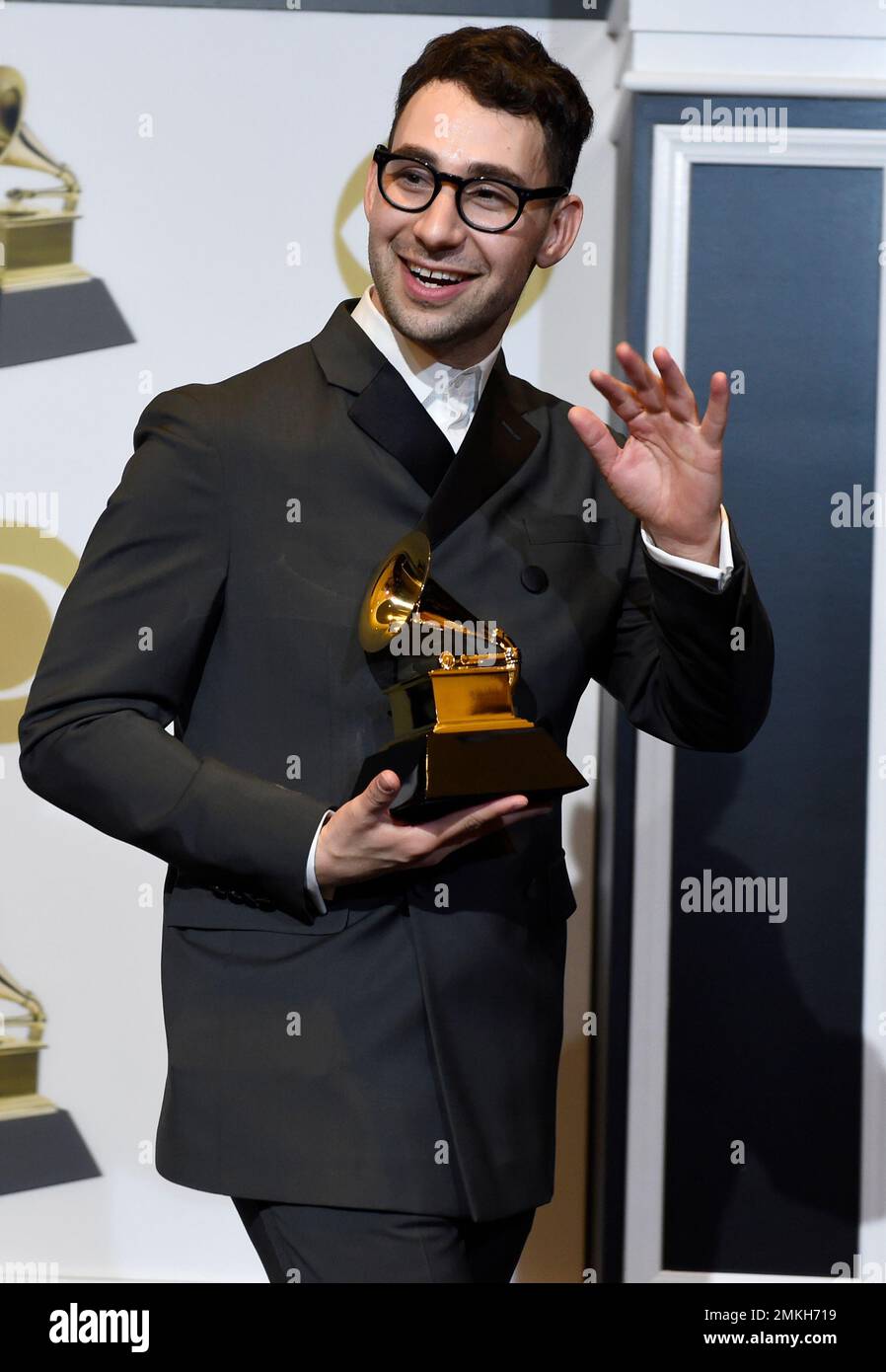 Jack Antonoff poses in the press room with the award for best rock song ...