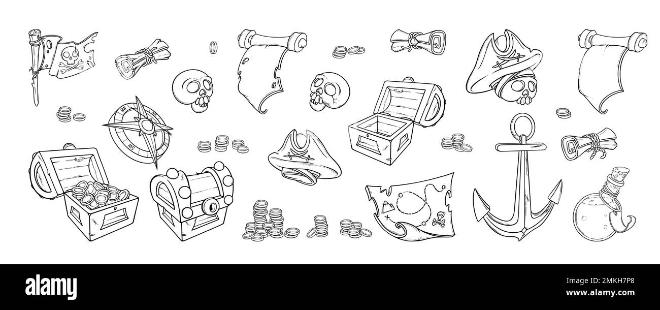 Pirate doodle set. Sketch of chest with coins, treasure map, compass ...