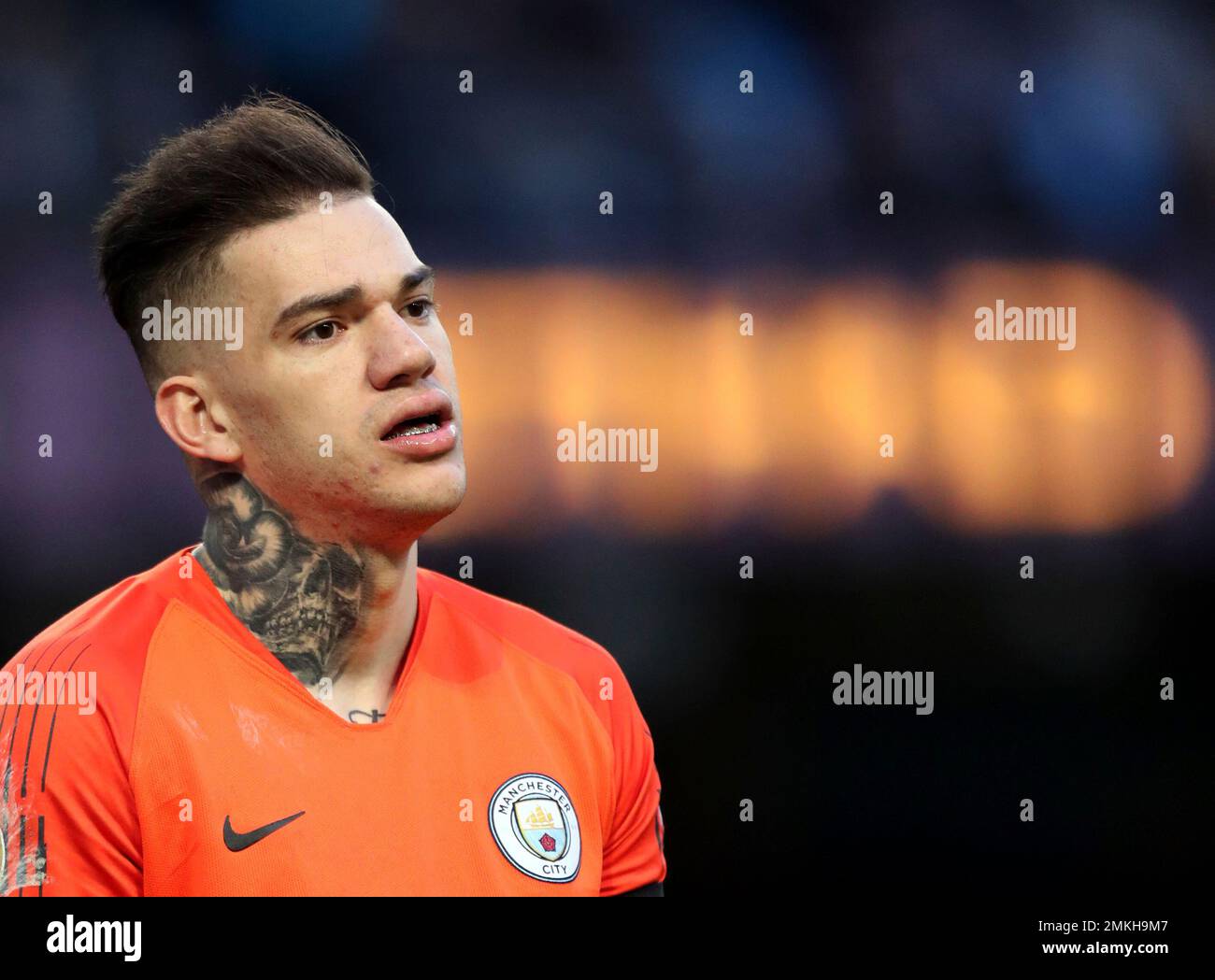 Manchester City goalkeeper Ederson Moraes looks out during the English ...