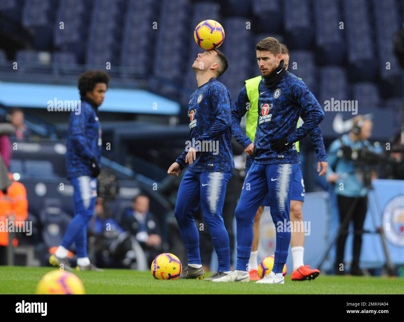Chelsea's Eden Hazard, centre, and Chelsea's Jorginho, right, prior to ...