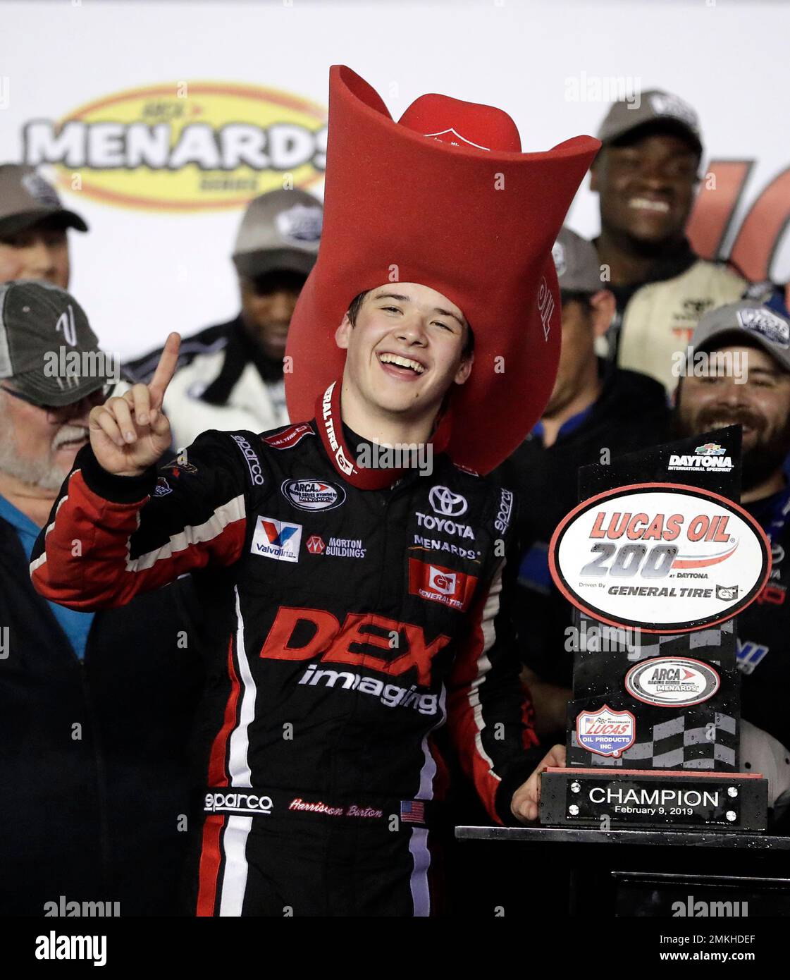 Harrison Burton celebrates in Victory Lane after winning the ARCA ...