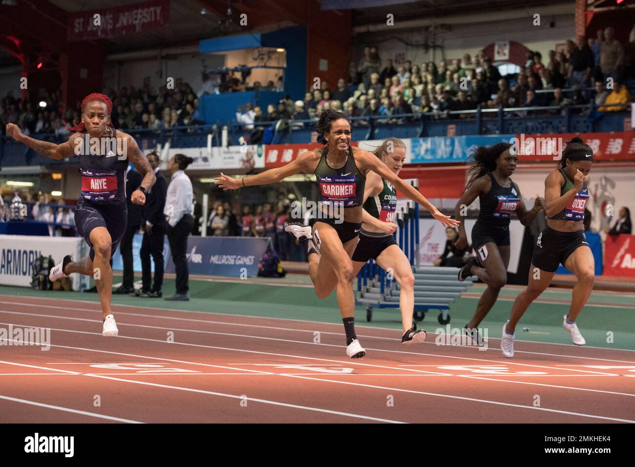 English Gardner crosses the finish line in the women's 60-meter sprint ...